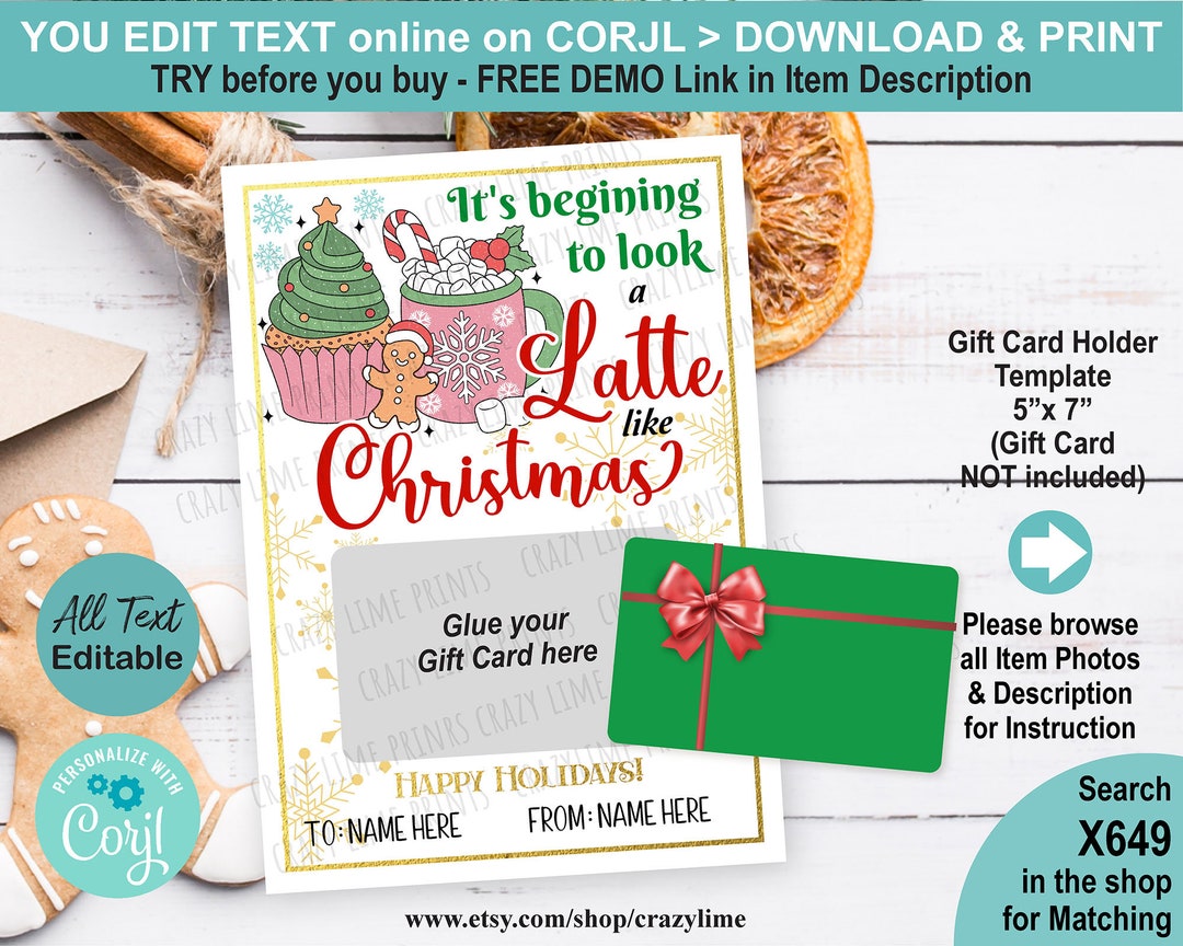 EDITABLE Christmas Latte Coffee Gift Card Holder. Holiday Gift Idea ...