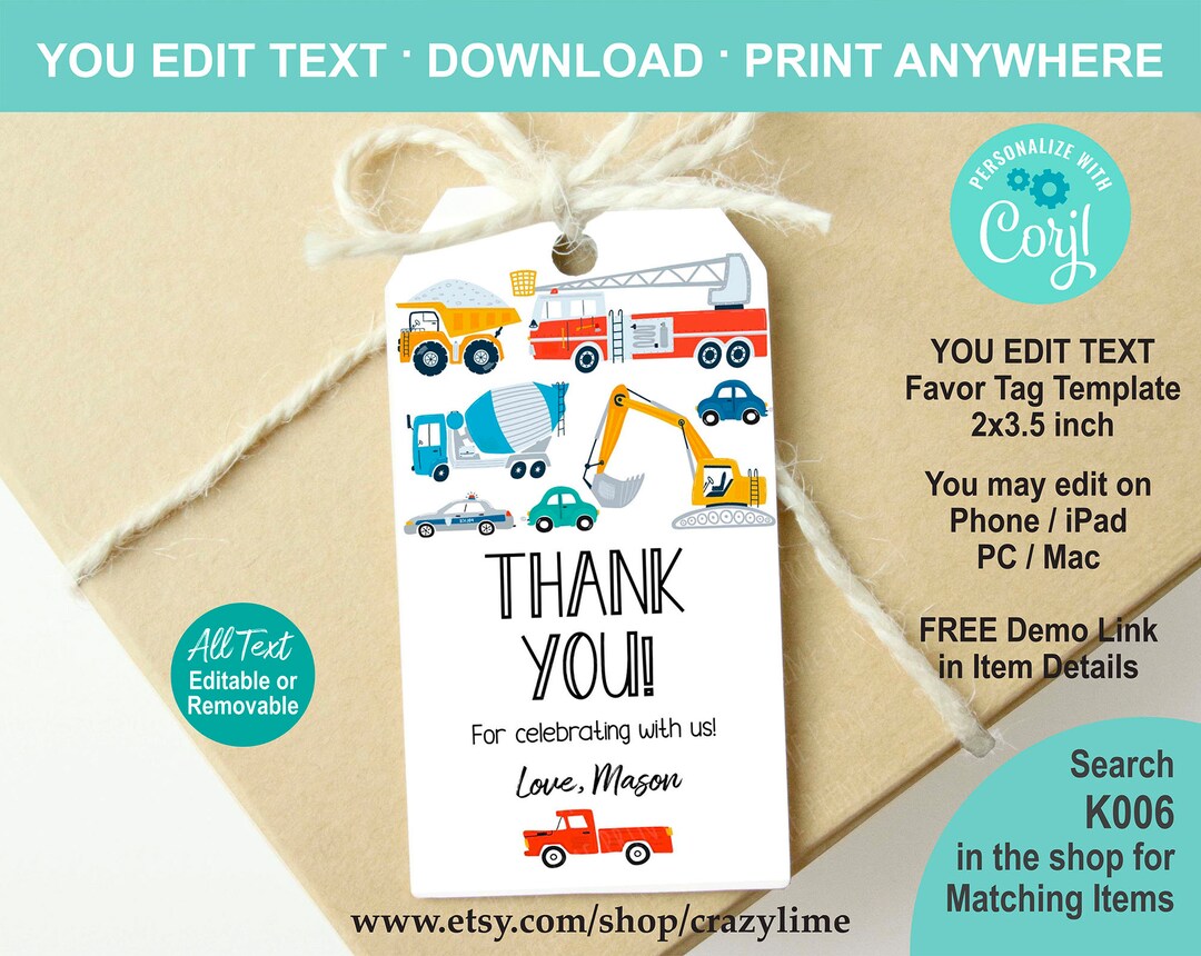 Editable Transportation Favor Tag. Cars and Trucks Birthday Party Thank ...