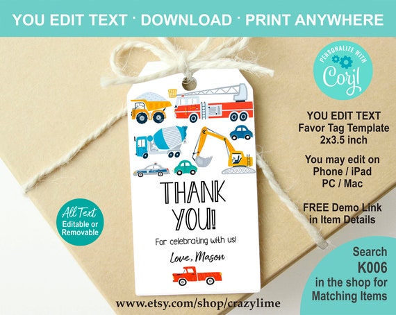 Editable Transportation Favor Tag. Cars and Trucks Birthday | Etsy