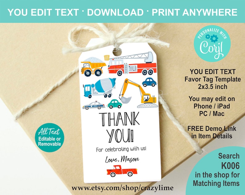 Editable Transportation Favor Tag. Cars and Trucks Birthday Party Thank ...