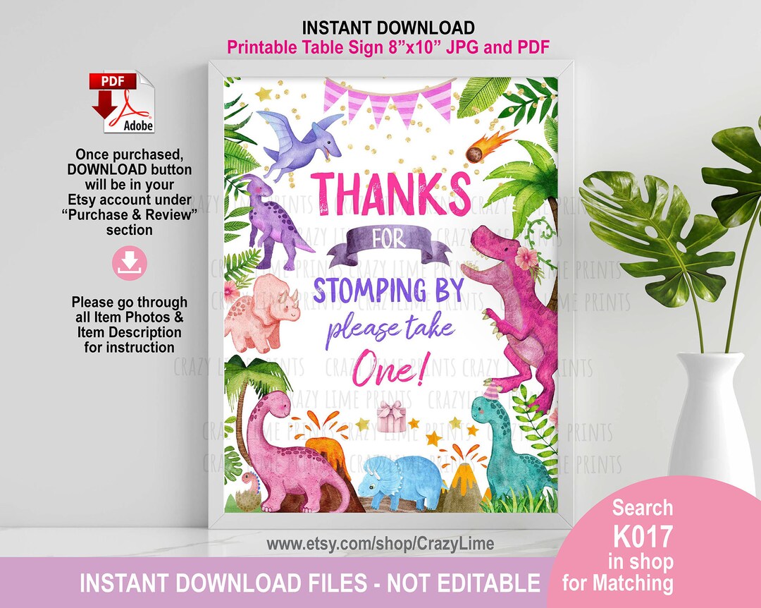 Pink Dinosaur Thank You Favors Party Table Sign. Girl Kid Cute Dino ...