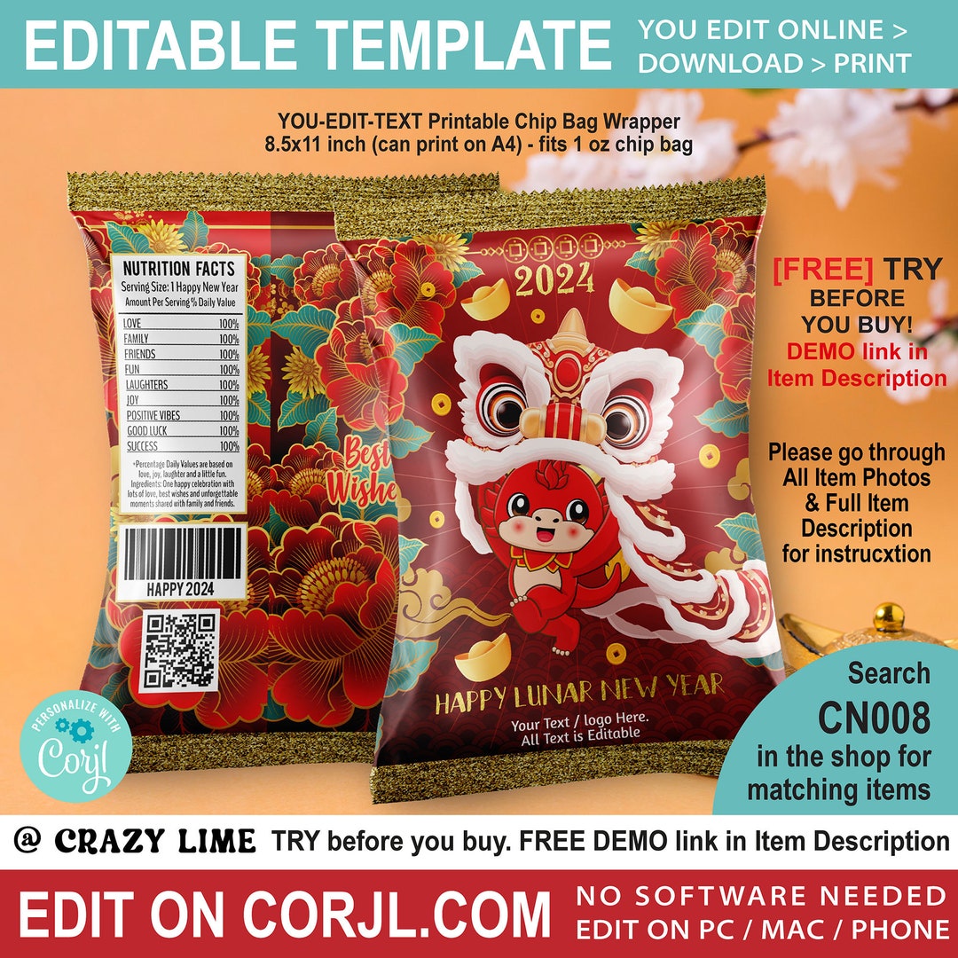EDITABLE Chinese Lunar New Year of Dragon 2024 Chip Bag Template. Personalised Text Name Party ...