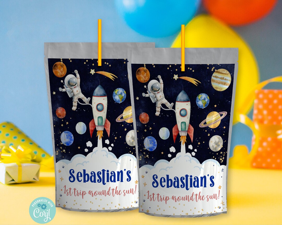 EDITABLE Outer Space Astronaut Party Juice Pouch Label. Kid Boy ...