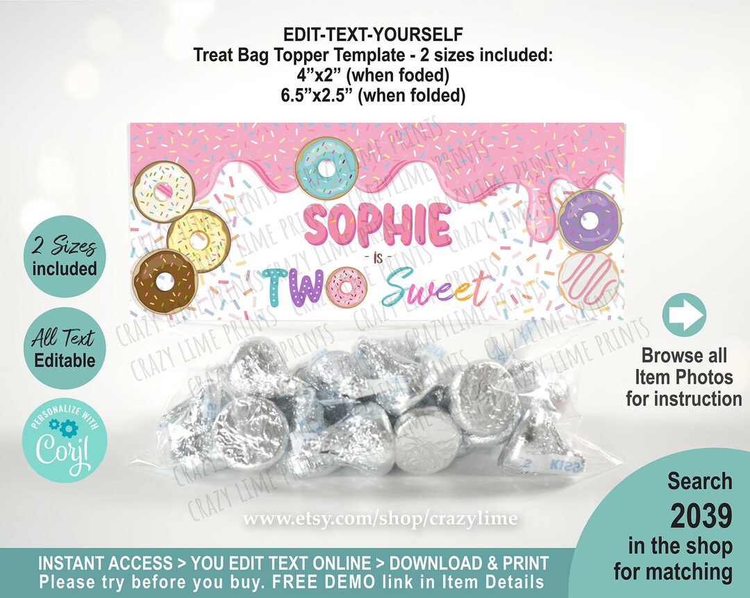 EDITABLE Donut Two Sweet 2nd Birthday Candy Treat Bag Topper Template ...