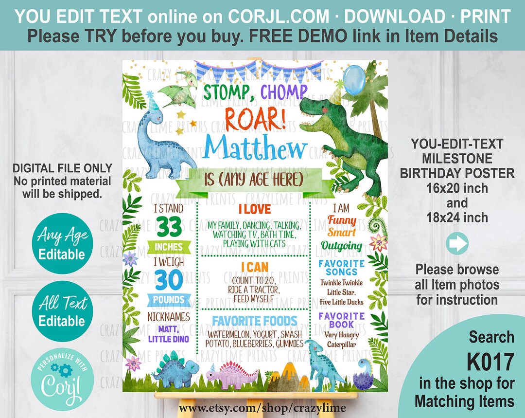 EDITABLE Dinosaur Three-rex 3rd Birthday Milestone Poster Editable ...