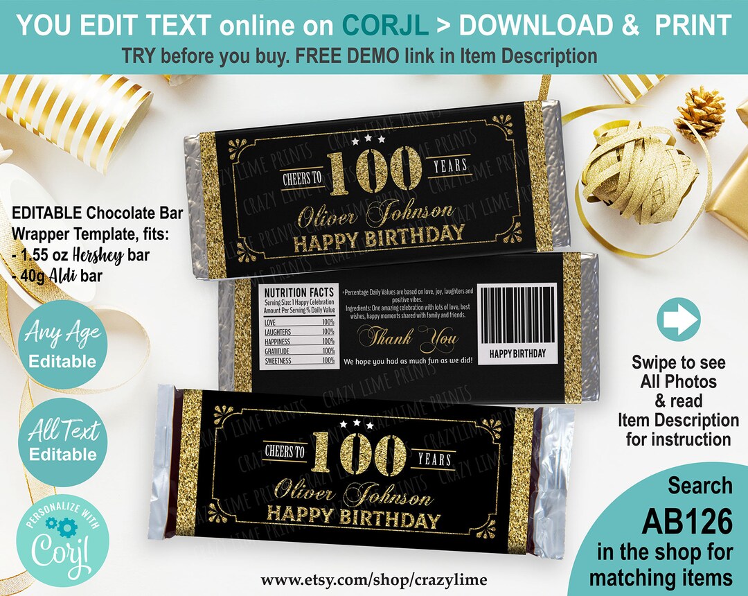 EDITABLE 100th Birthday Chocolate Candy Bar Wrapper Personalised ...
