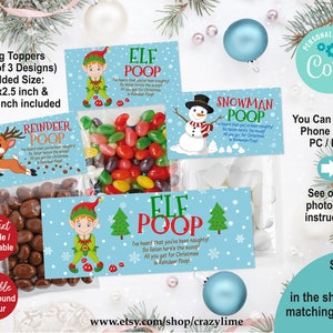 EDITABLE Elf, Reindeer, Snowman Poop Treat Bag Topper Bundle. Printable ...