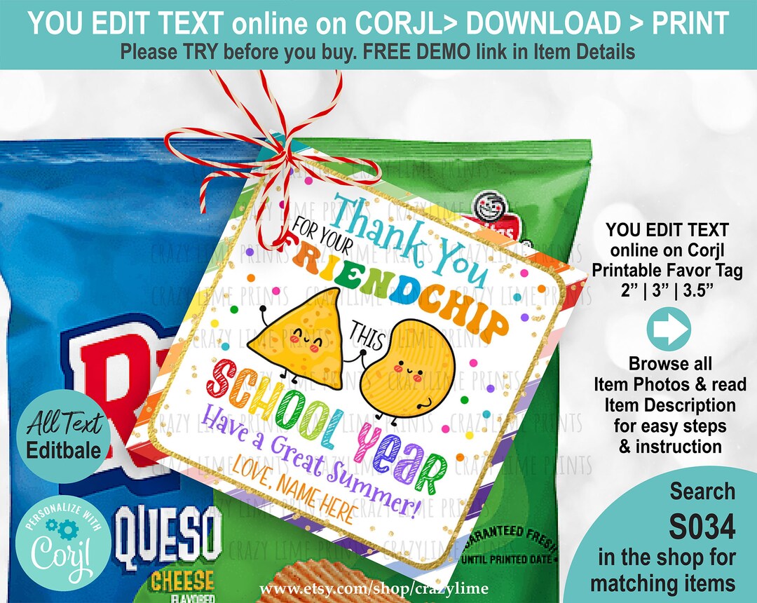 EDITABLE Friendchip Gift Tag. Last Day of School Classroom Treat Label ...