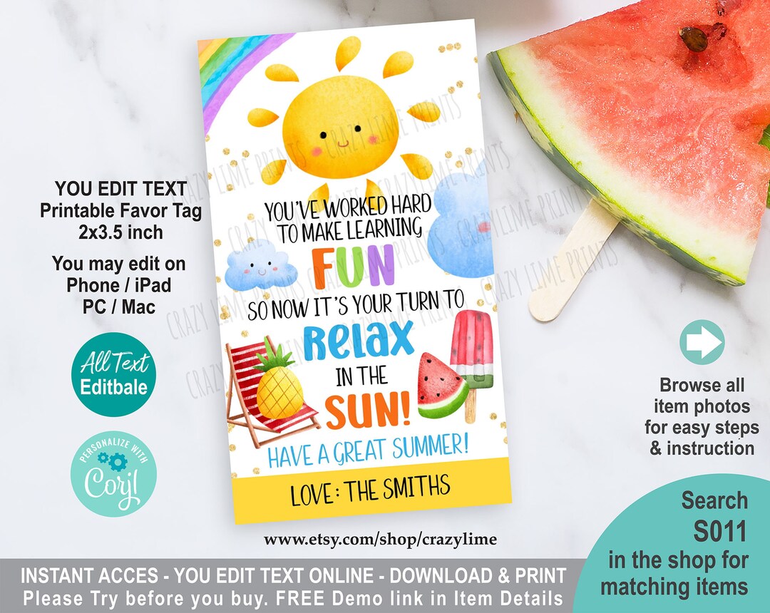 Buy End of School Teacher Appreciation Gift Tag Editable Template ...