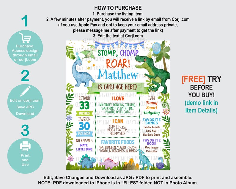 EDITABLE Dinosaur Three-rex 3rd Birthday Milestone Poster - Etsy