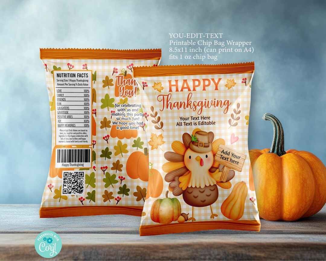 EDITABLE Happy Thanksgiving Chip Bag Wrapper. Cute Turkey Kid Party ...