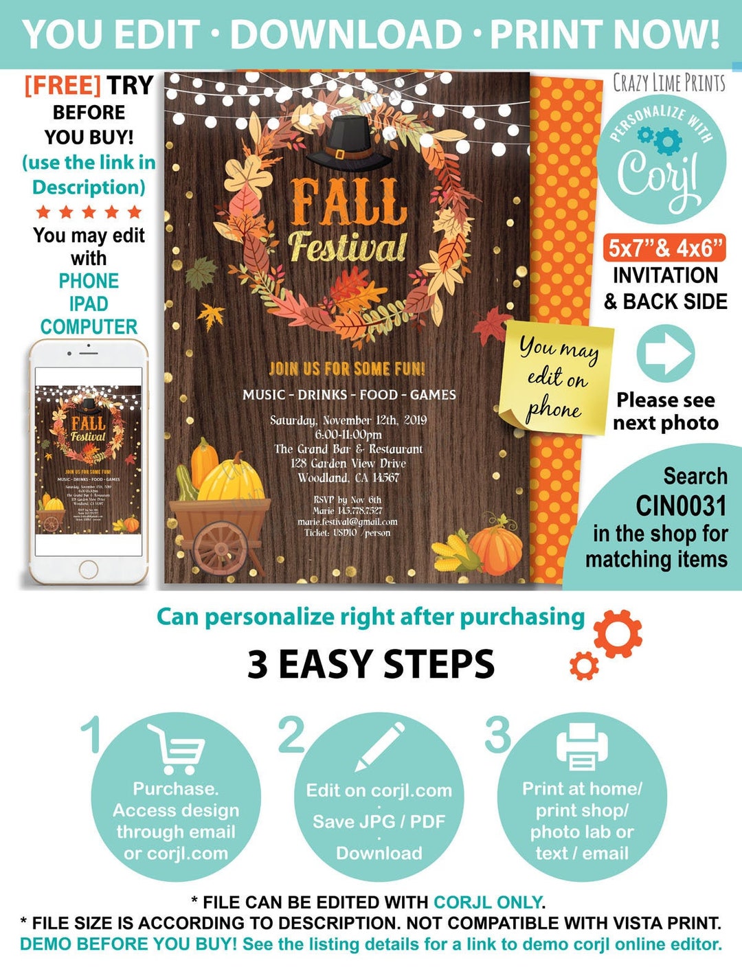 Fall Festival Invitation. EDITABLE Invite Flyer Template. - Etsy