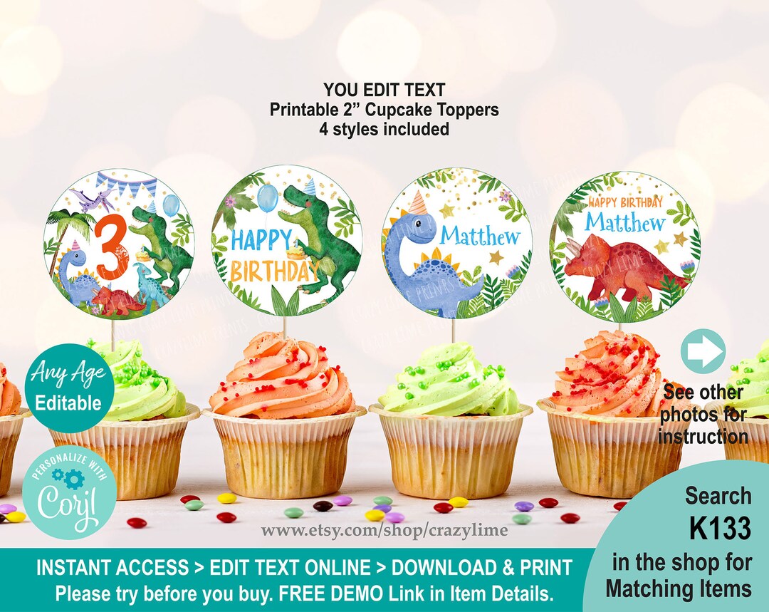 EDITABLE Dinosaur Birthday Party Cupcake Toppers. Personalised Cute Dino Party Table Decor. 2 ...
