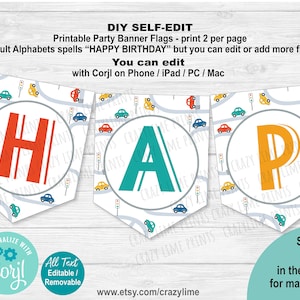 EDITABLE Transportation Happy Birthday Party Banner. Kid Boy Cars and ...