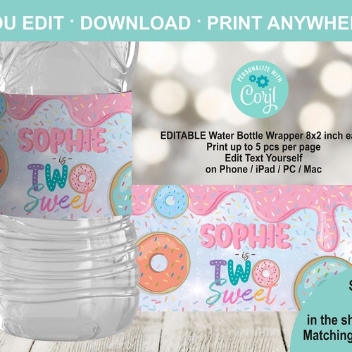 EDITABLE Donut Birthday Water Bottle Label Template. Printable - Etsy