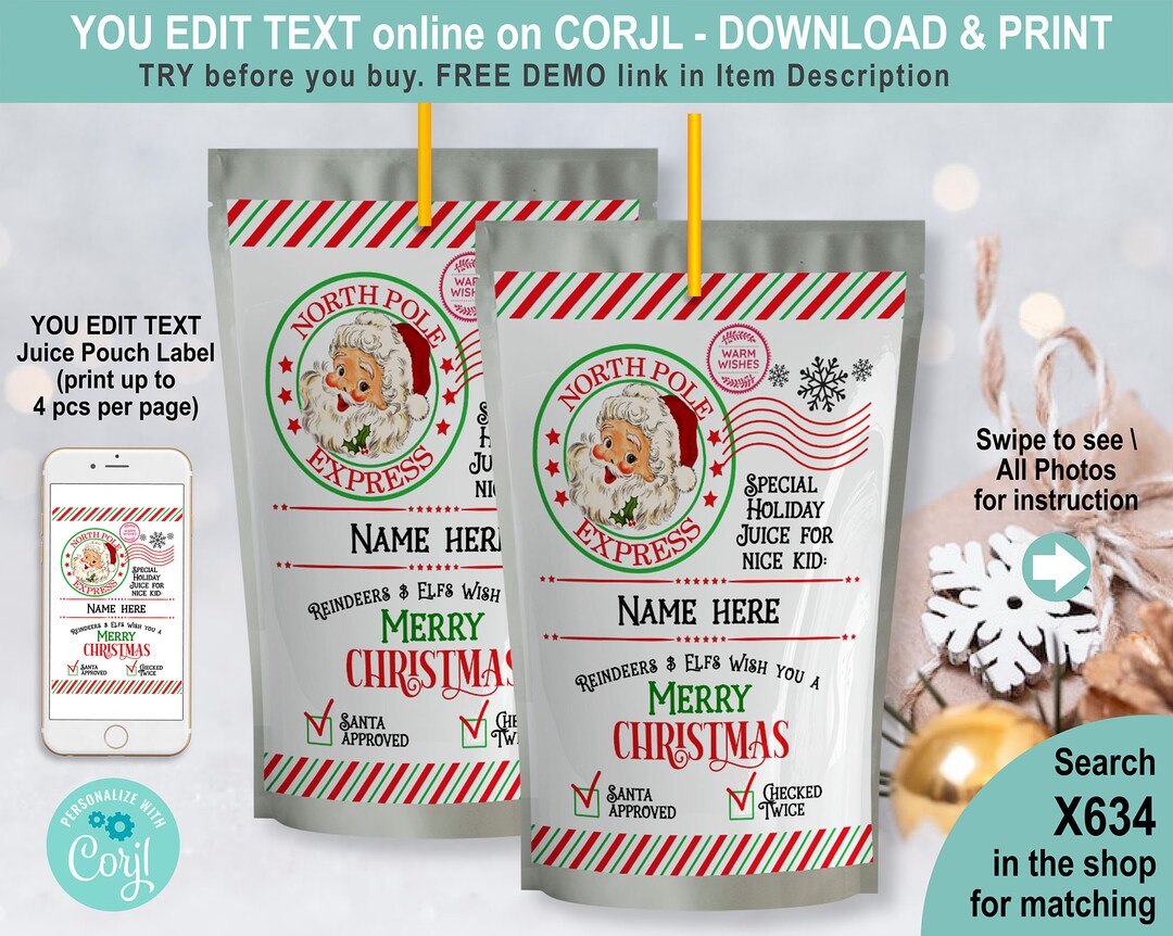 EDITABLE Santa Claus Christmas Juice Pouch Label. Printable North Pole ...