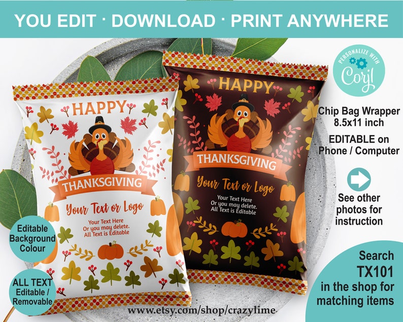 EDITABLE Thanksgiving Chip Bag Wrapper Printable Template. Cute Turkey ...