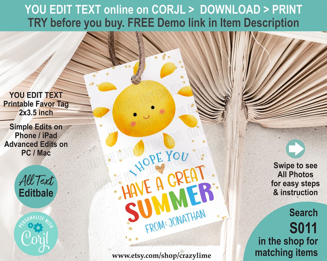 EDITABLE Happy Sun Summer Gift Tag. Have A Great Summer Last Day of ...