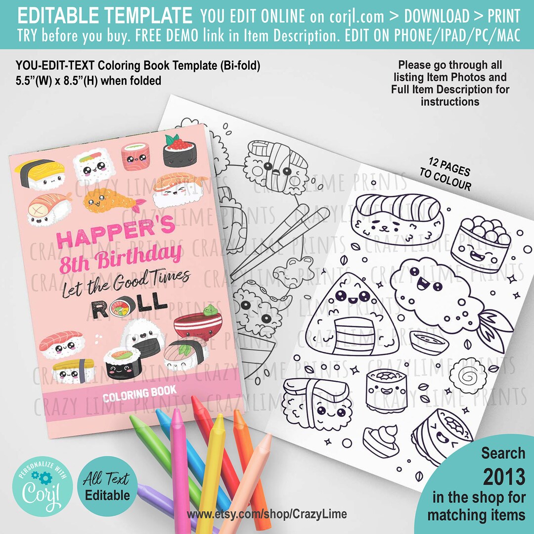 EDITABLE Sushi Birthday Party Coloring Book. 8.5 X 11 Inch (5.5 X 8.5 ...