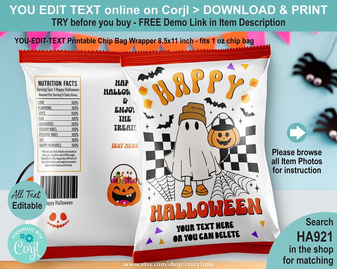 EDITABLE Halloween Ghost Chip Bag Template. Personalised Name Retro ...