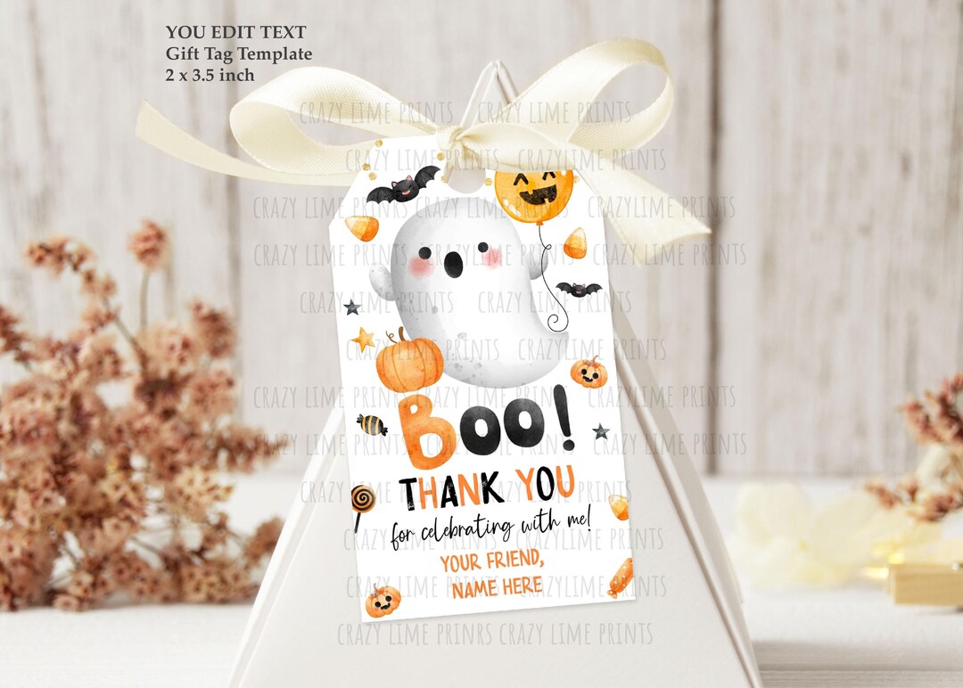 EDITABLE Halloween Party Thank You Gift Tag. Cute Boo Little Ghost Kid ...