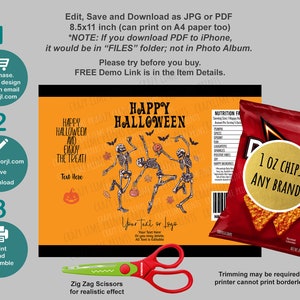 EDITABLE Halloween Party Chip Bag Wrapper Template. Skeleton Disco ...