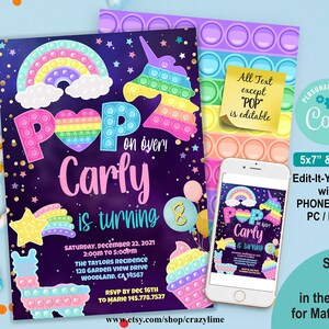 Editable Bubble Pop Toy Birthday Party Invitation. Rainbow | Etsy