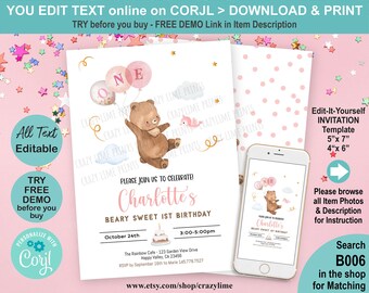 Editable Teddy Bear 1st Birthday Invitation Girl Beary 1st - Etsy