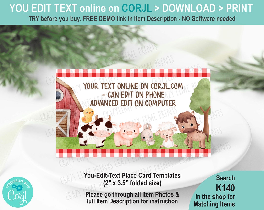 EDITABLE Farm Animals Party Place Card Template. Printable Food Buffet ...