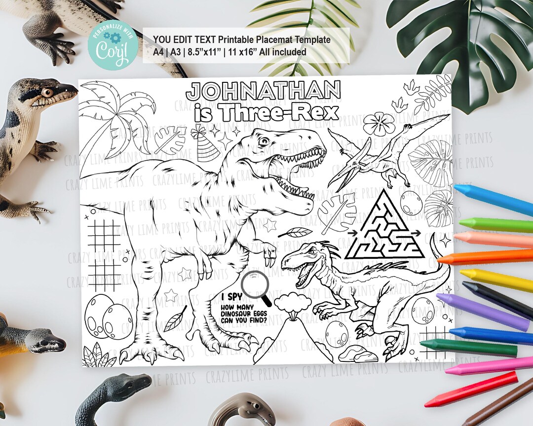 EDITABLE Dinosaur Trex 3rd Birthday Party Placemat. Personalised Name ...