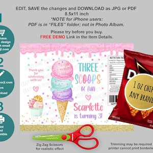 EDITABLE Ice Cream Three 3 Scoops of Fun 3rd Birthday Chip Bag Wrapper ...