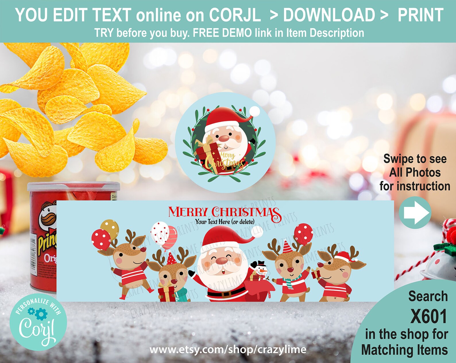 EDITABLE Christmas Party Chip Can Wrapper Digital Template. Cute Santa ...
