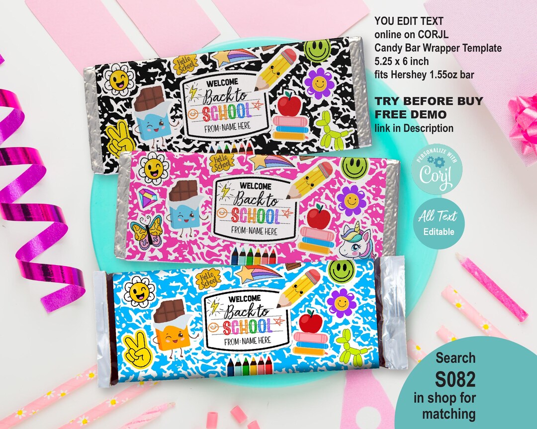 Back to School Chocolate Candy Bar Wrapper EDITABLE Template. Sweet ...