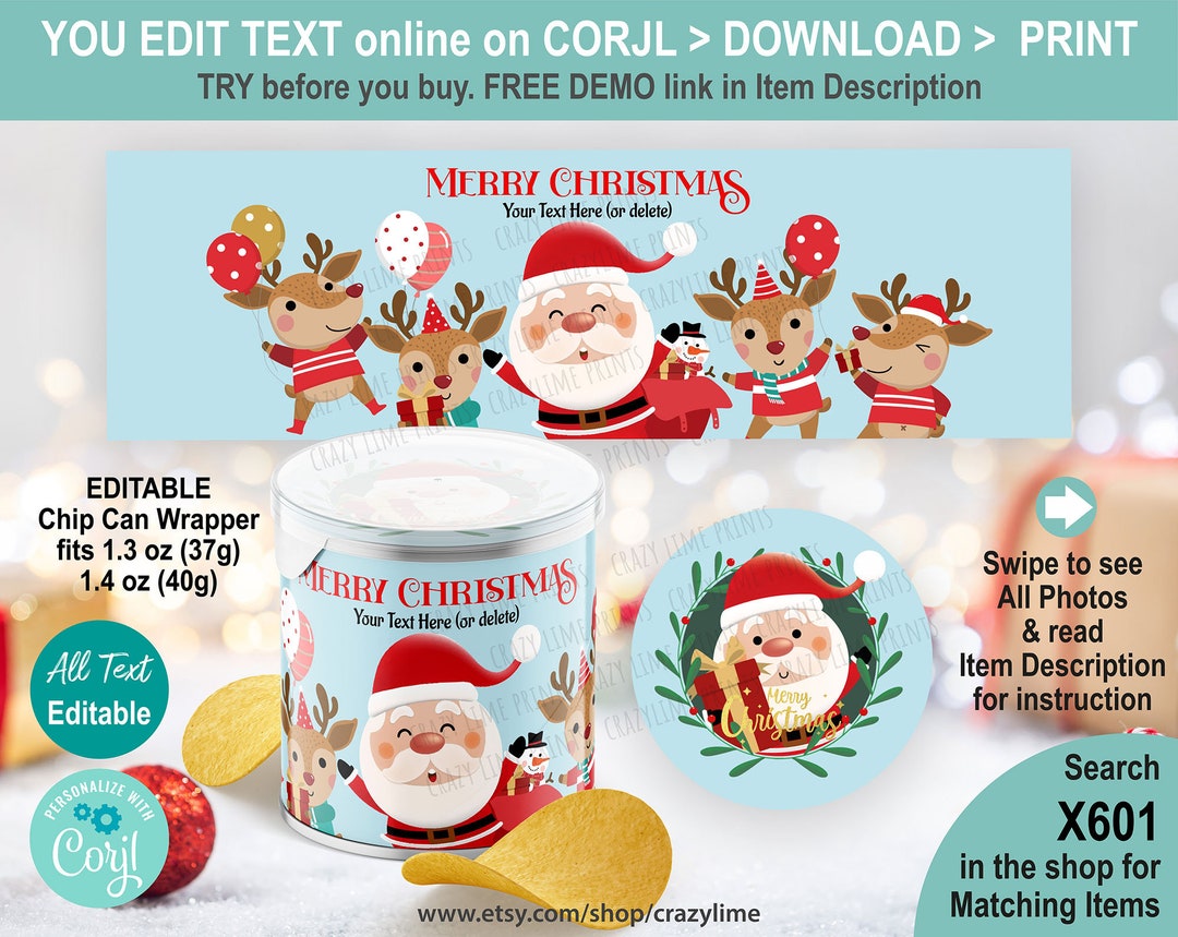 EDITABLE Christmas Party Chip Can Wrapper Digital Template. Cute Santa ...