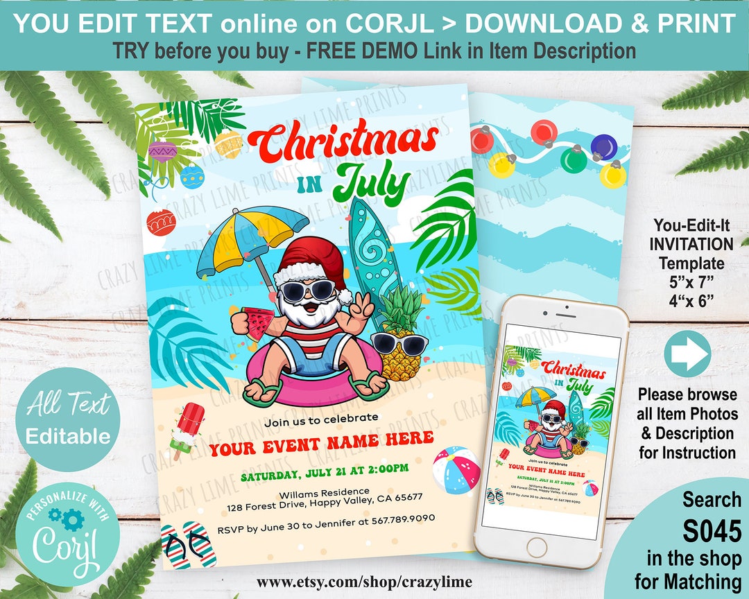 Editable Christmas in July Invitation. Beach Santa Summer Party Invite ...