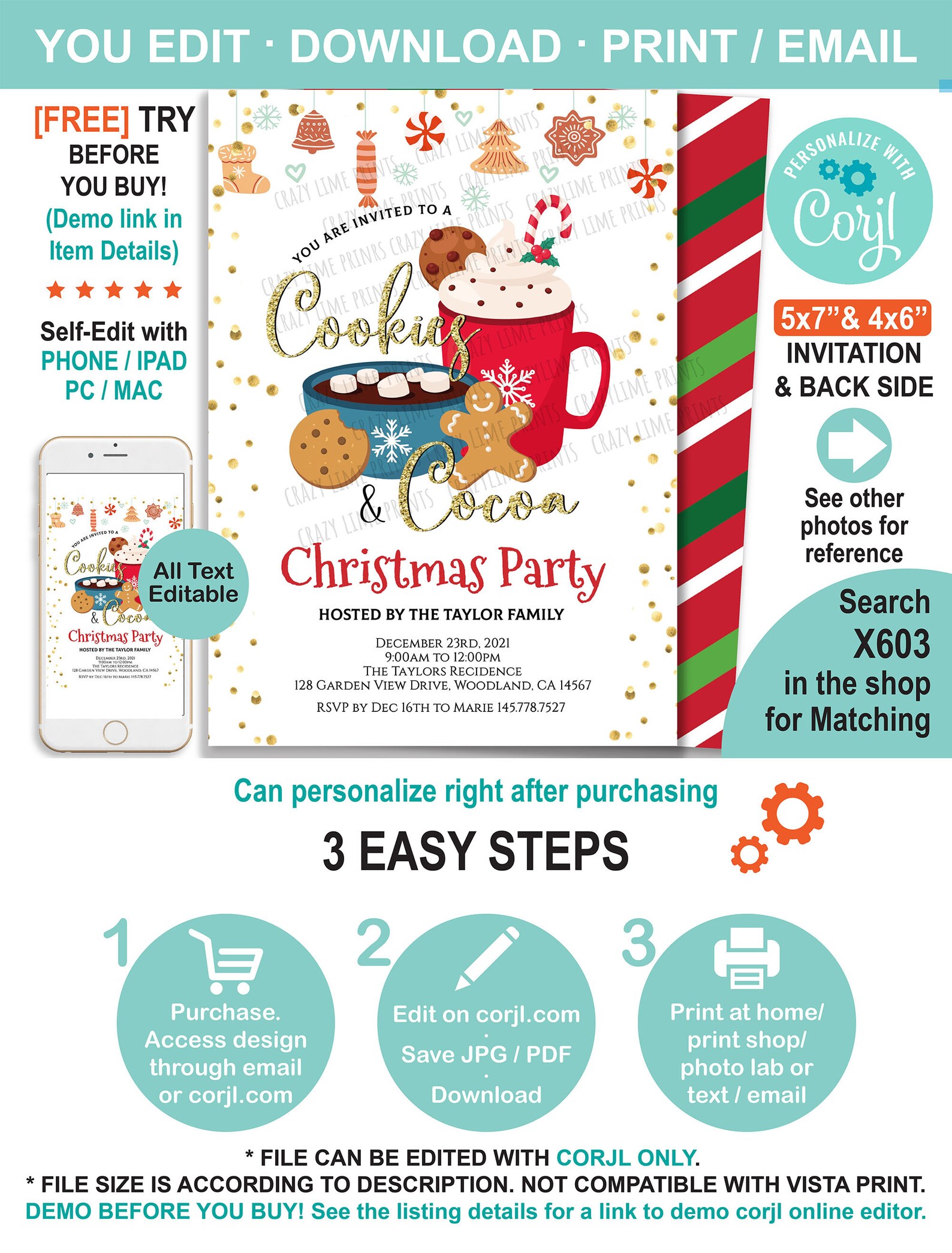 EDITABLE Cookies and Cocoa Christmas Party Invitation Digital | Etsy