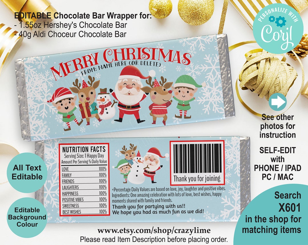 EDITABLE Christmas Chocolate Candy Bar Wrapper Personalised Template ...