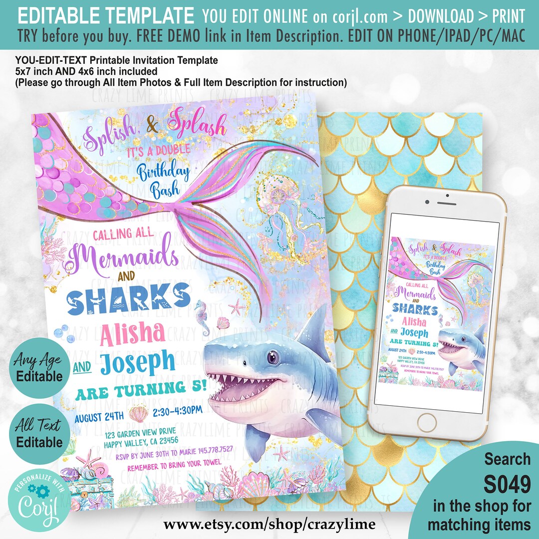 Editable Mermaid & Shark Twins Boy Girl Siblings Birthday Party ...