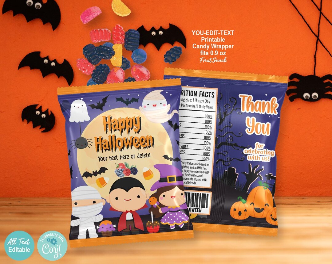 EDITABLE Halloween Fruit Candy Snack Wrapper Label. Kid Costume Party ...