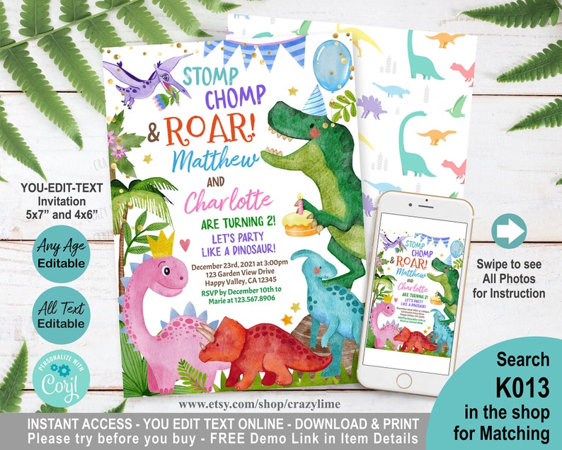 Editable Dinosaur Twins Girl Boy Birthday Party Invitation. Cute Dino ...