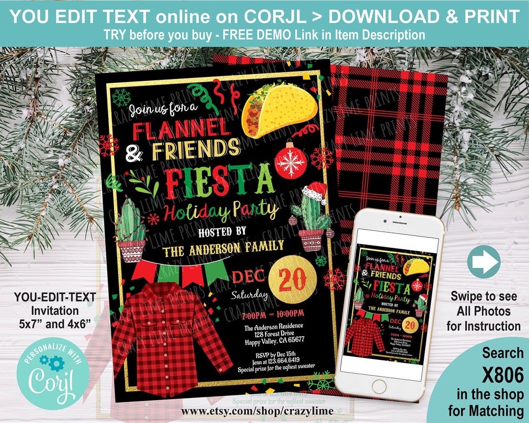 EDITABLE Flannel Christmas Party Invitation Digital Template. Adult ...