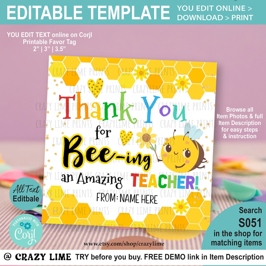 Honey Bee School Teacher Gift Tag EDITABLE Template. Personalised Name ...