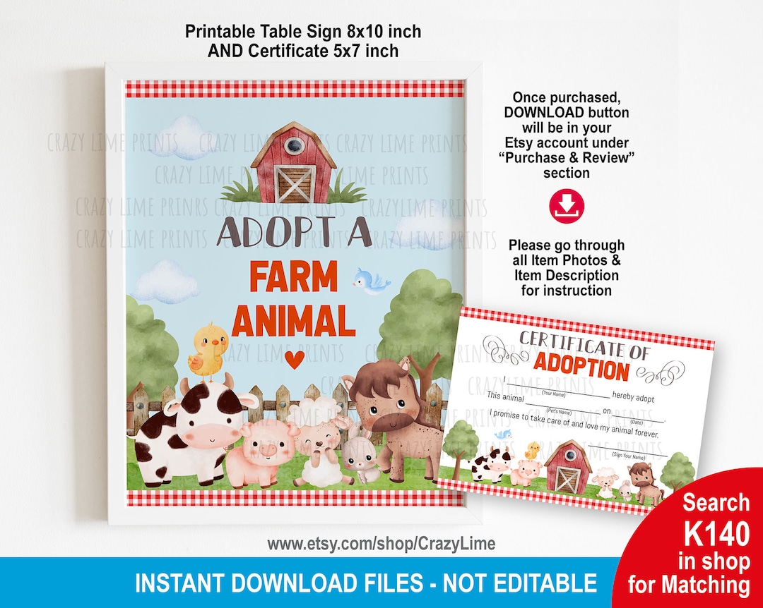 Adopt a Farm Animal Sign and Certificate of Adoption. Birthday Party ...