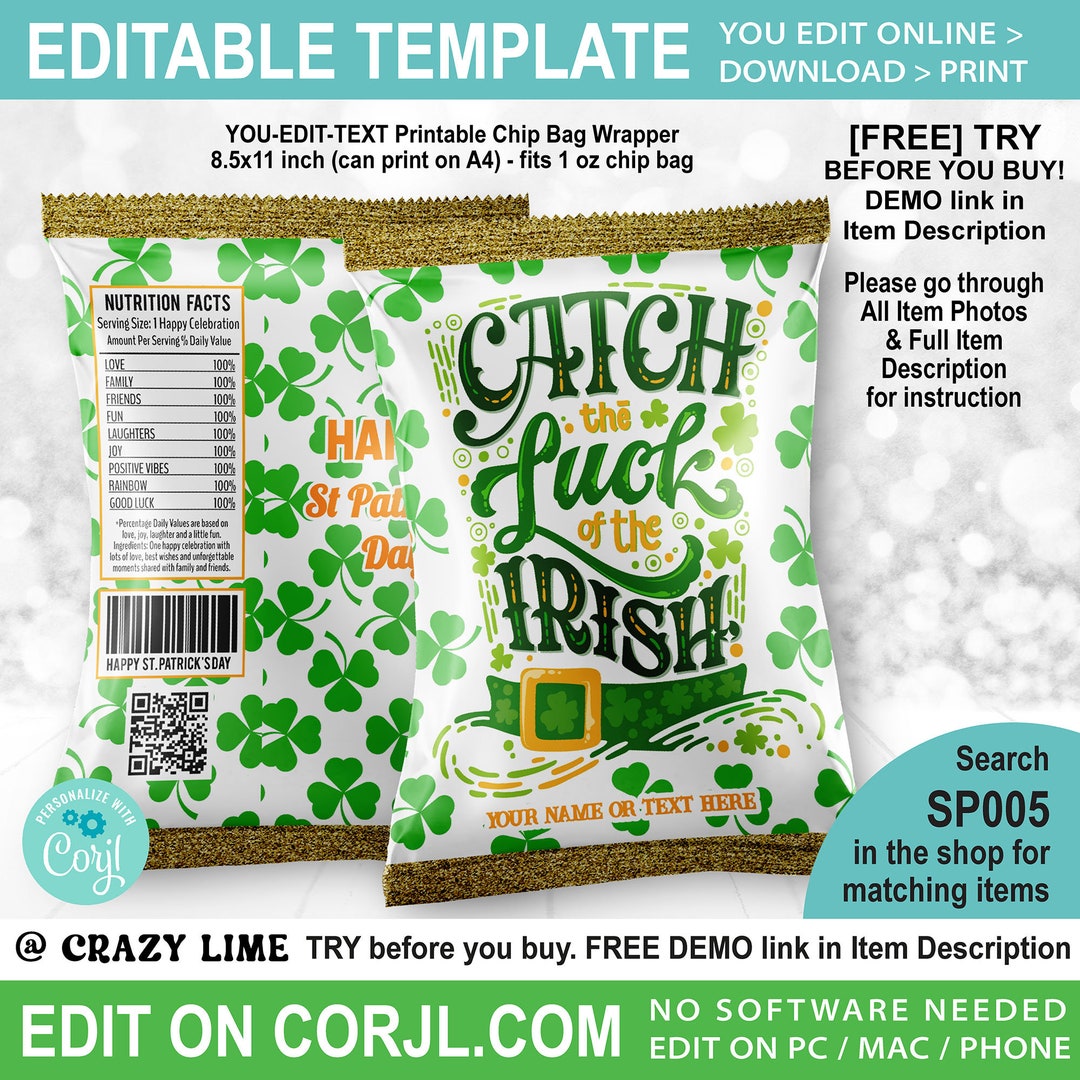 EDITABLE St Patrick's Day Chip Bag Template. Saint Patricks Party ...