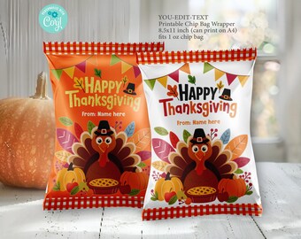 EDITABLE Thanksgiving Chip Bag Wrapper Printable Template. Cute Turkey ...