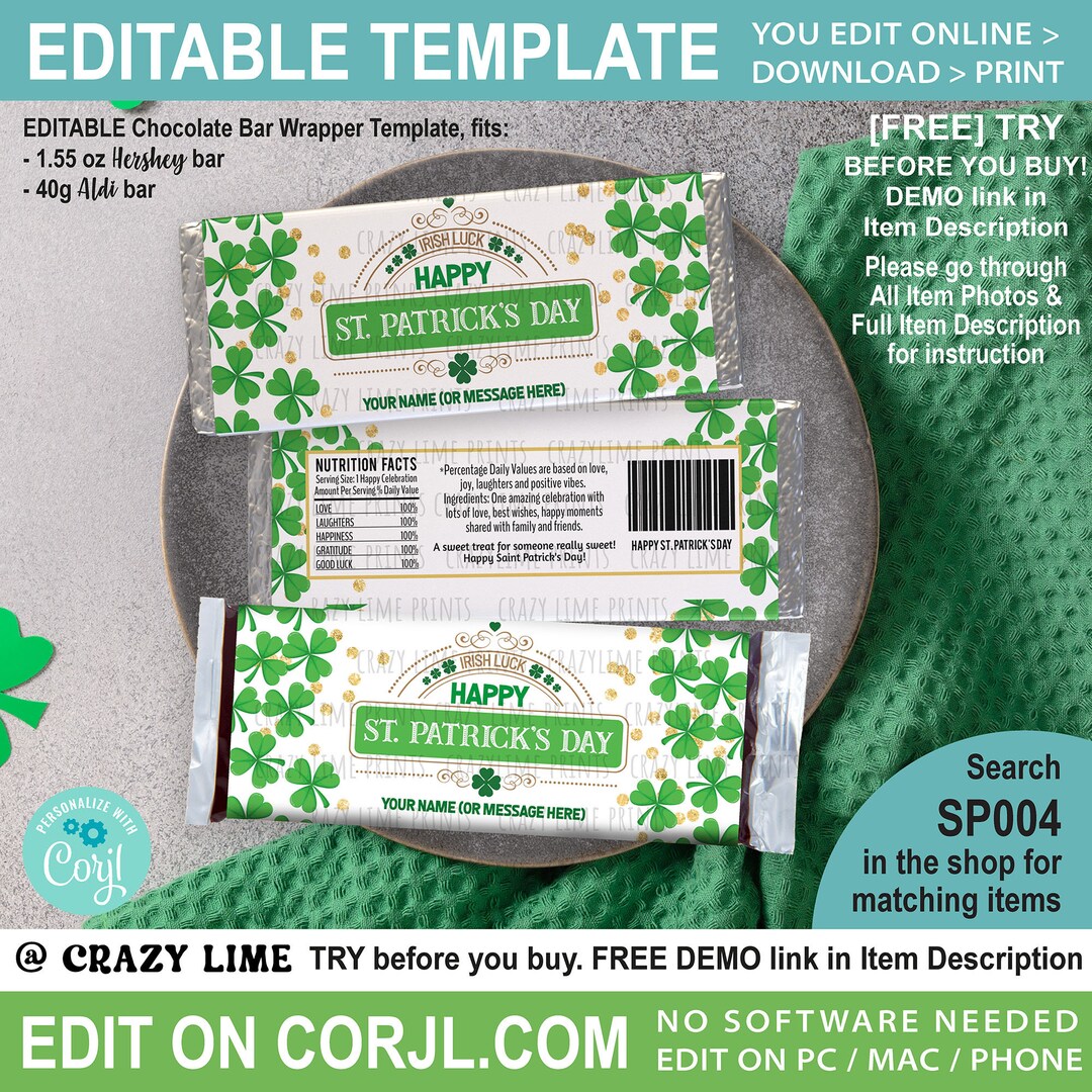 EDITABLE St Patrick's Day Chocolate Candy Bar Wrapper Personalised ...