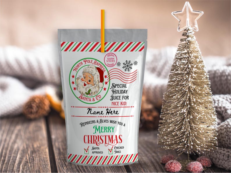 EDITABLE Santa Claus Christmas Juice Pouch Label. Printable North Pole ...