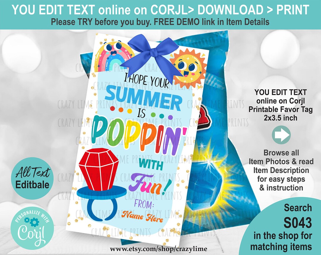 EDITABLE Pop Summer Candy Ring Gift Tag. Have a Poppin' Summer Vacation ...