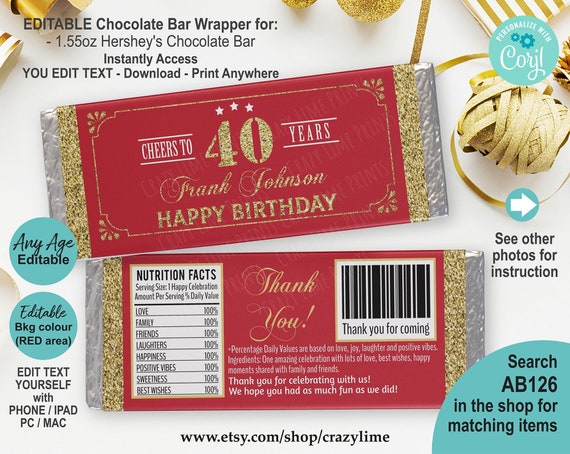 EDITABLE 40th Birthday Chocolate Candy Bar Wrapper | Etsy