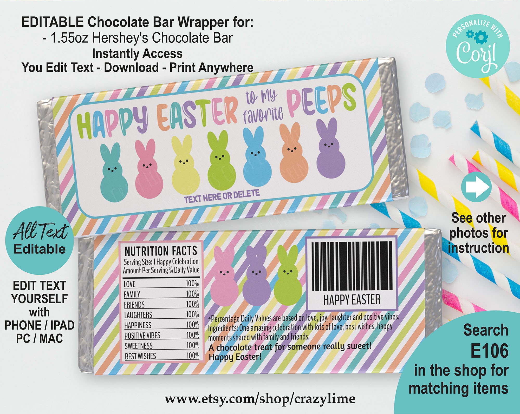 EDITABLE Easter Bunny Chocolate Candy Bar Wrapper. Cute Pastel - Etsy